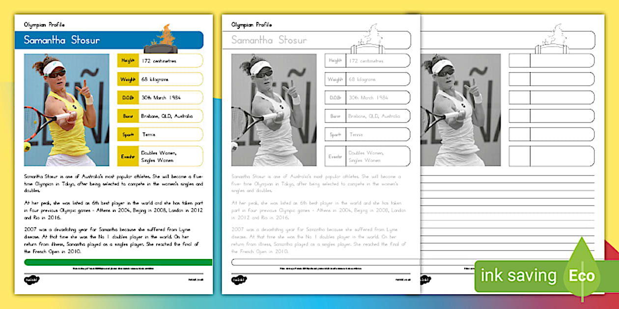 QLD Australian Olympian Samantha Stosur Handwriting Practice Worksheets