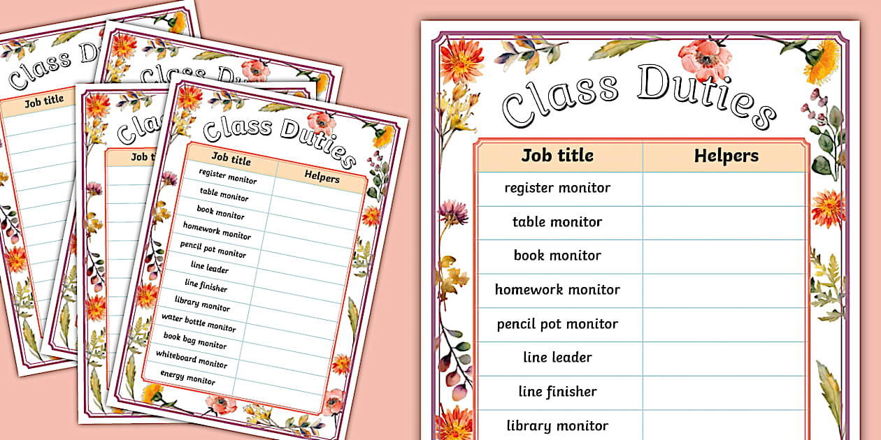 Botanical Wildflower Themed Class Duties Display Poster