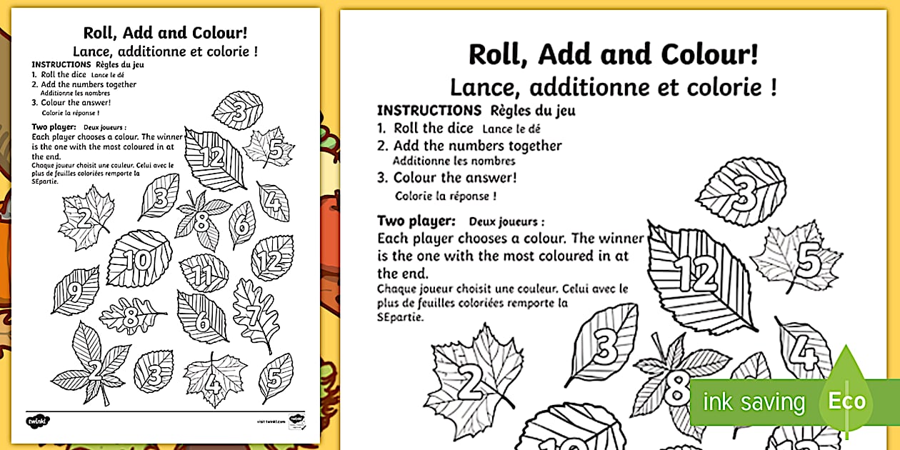 Leaf Roll and Colour Dice Addition Worksheet / Worksheet English/French