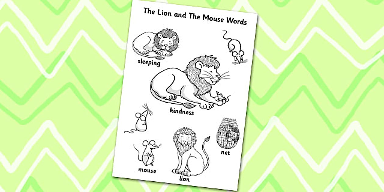 The Lion And The Mouse Words Colouring Sheet - Twinkl