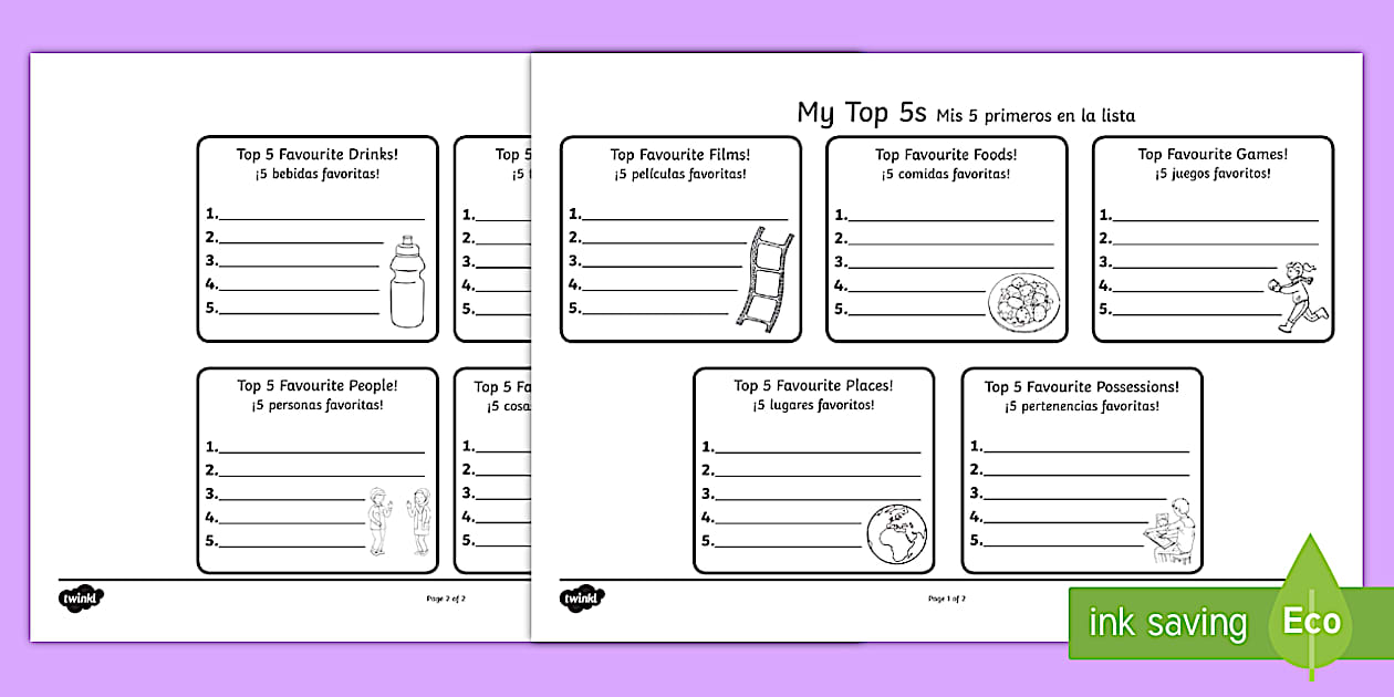 Top 5s Ranking Favourites Worksheet / Worksheet English/Spanish ...