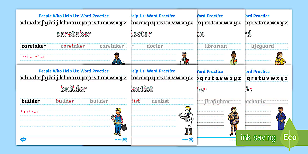 People Who Help Us Topic Word Practice Worksheets - Twinkl