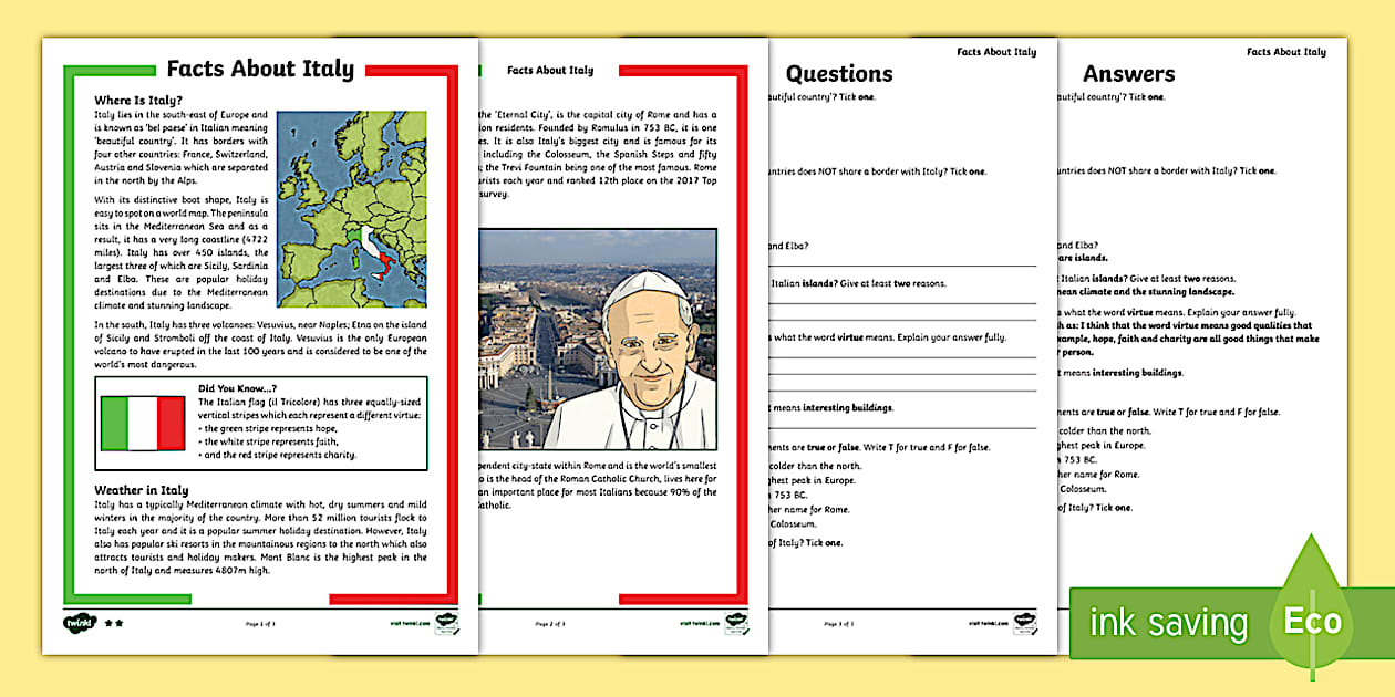 Middle Ability LKS2 Italy Differentiated Reading Comprehension Activity