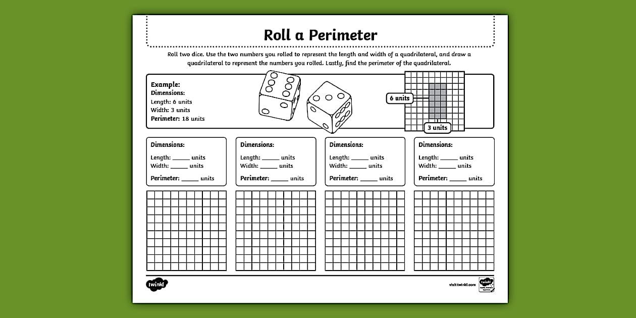Third Grade Roll a Perimeter Worksheet - Twinkl