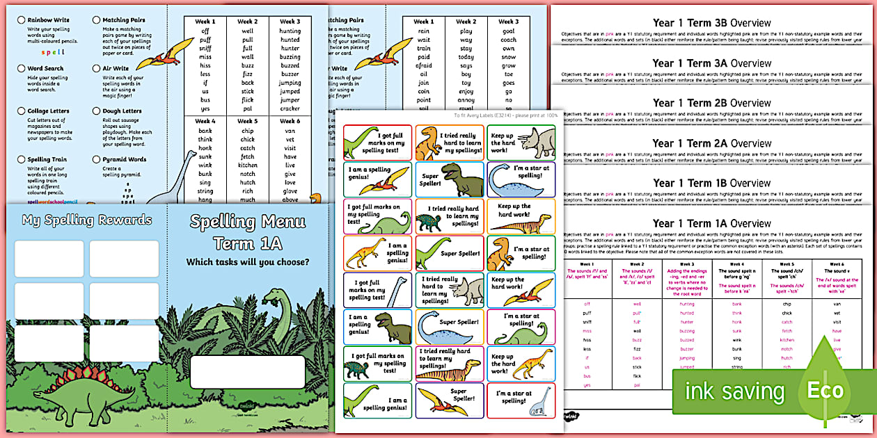 Editable Year 1 Dinosaur Spelling Menu Pack (teacher made)