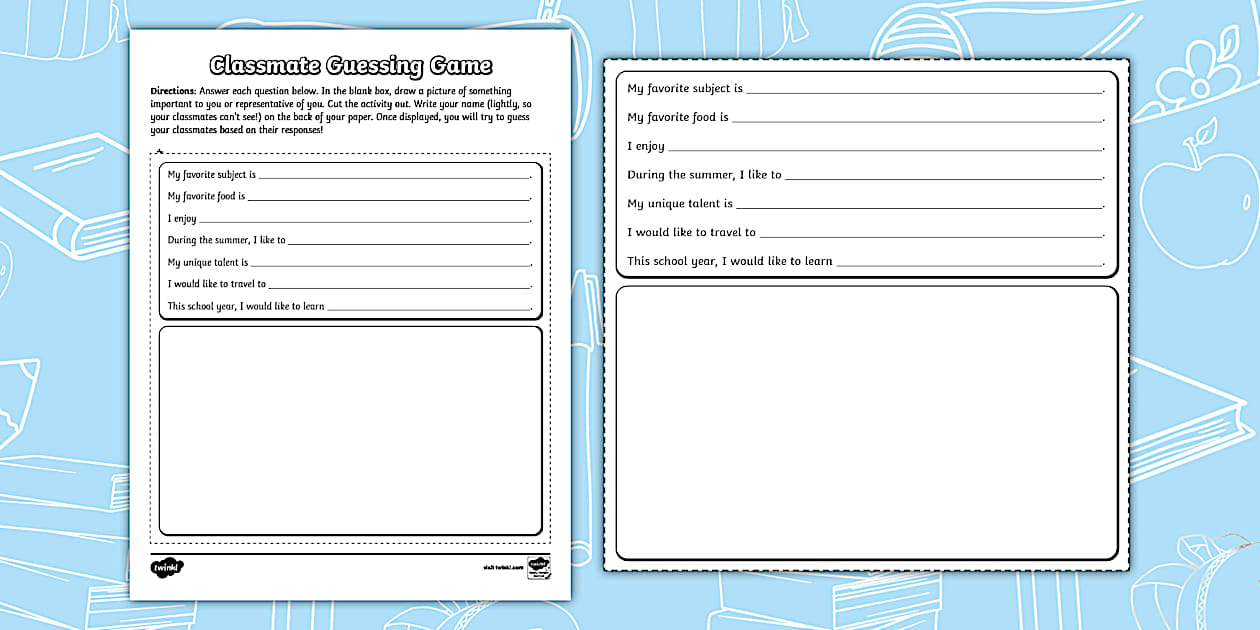 Seventh Grade Back to School Classmate Guessing Game Worksheet
