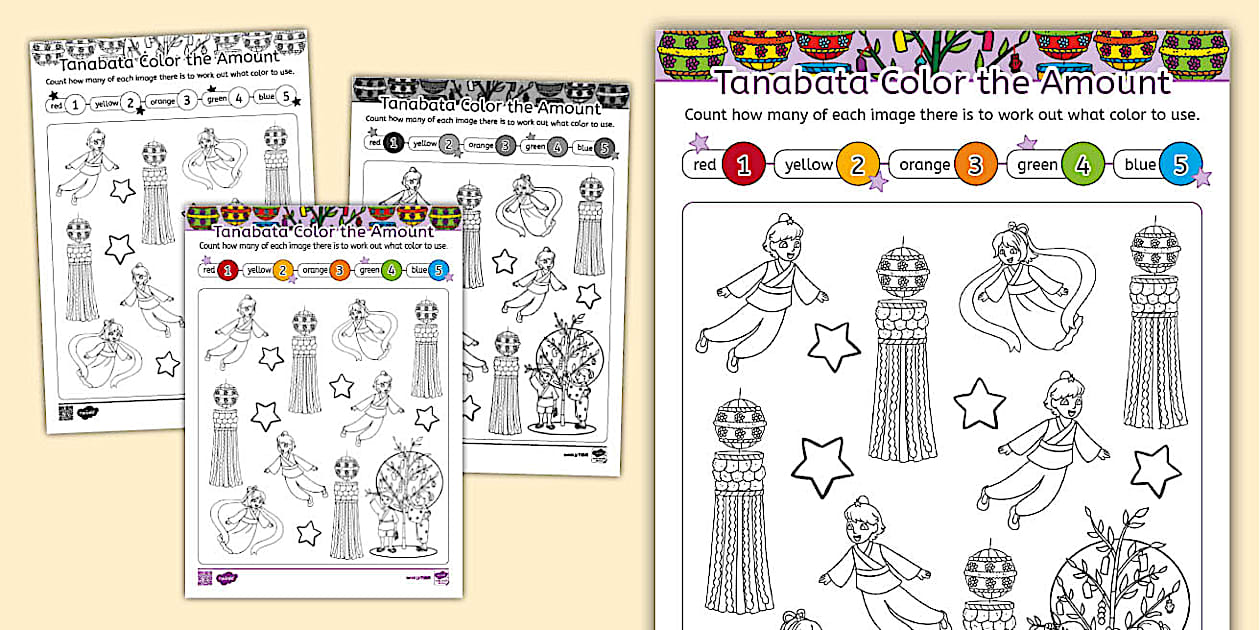 Tanabata Color the Amount Worksheet (teacher made) - Twinkl