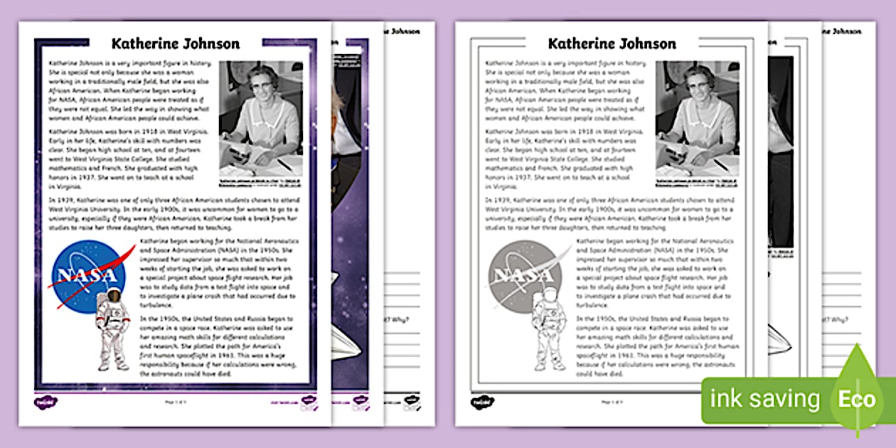 Fifth Grade Katherine Johnson Reading Comprehension Activity Worksheet