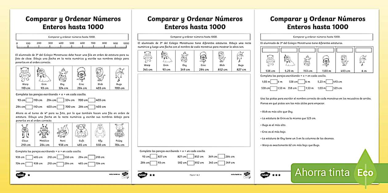 Ficha de actividad por niveles: Comparar y ordenar números enteros ...