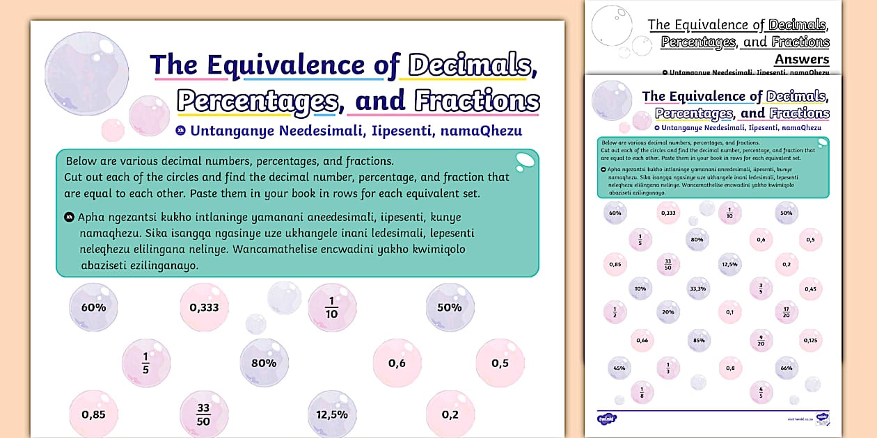 The Equivalence of Decimals, Percentages, and Fractions: Activity Sheet