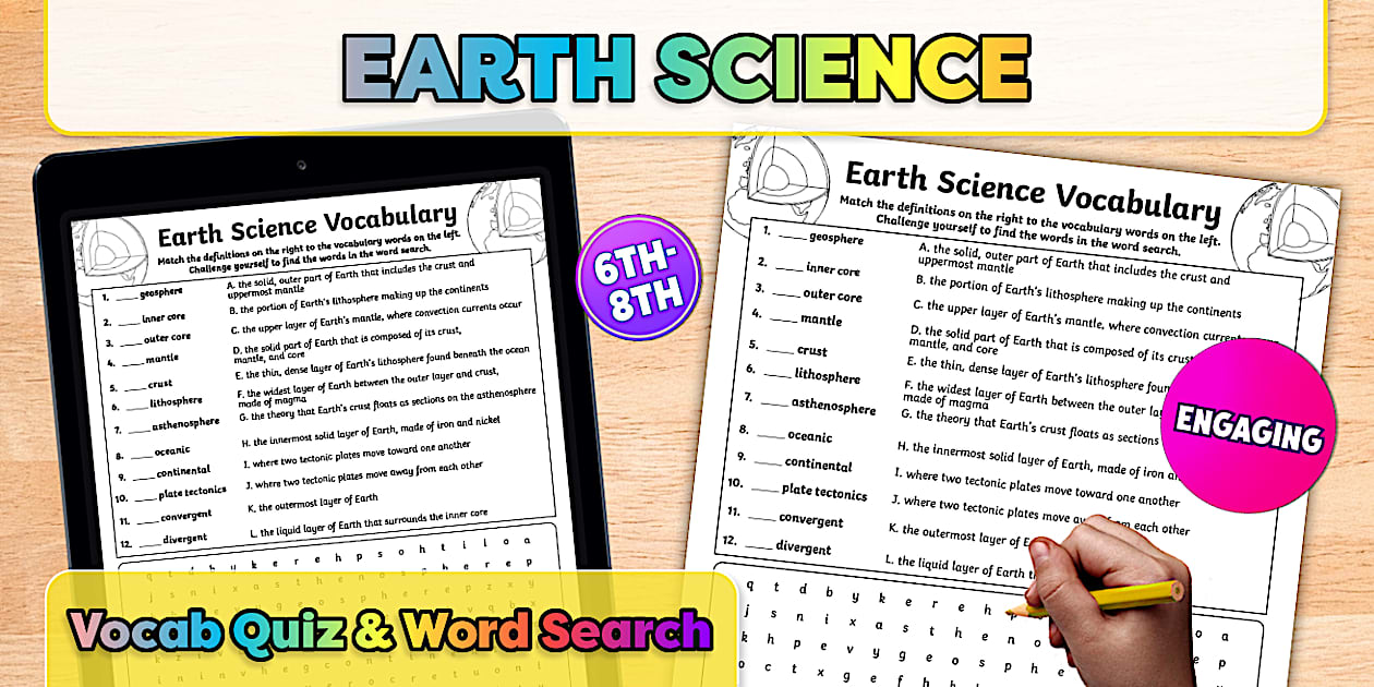 Earth Science Vocabulary Matching Quiz and Word Search