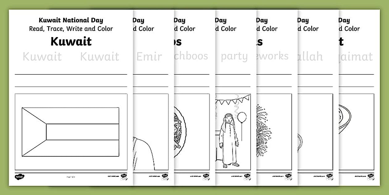 Kuwait National Day Worksheet- Read, Trace, Write and Colour