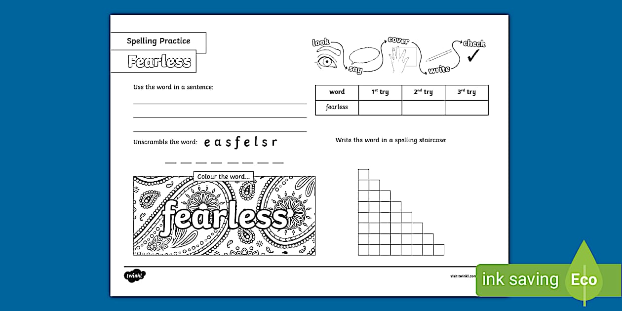 Fearless Spelling Practice Worksheet (teacher made) - Twinkl