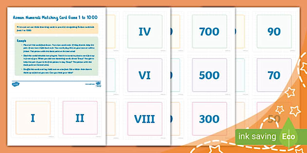 Roman Numerals Matching Card Game 1 to 1000 (Ages 9 - 10) Roman Numerals Matching Card Game 1 to 1000 (Ages 9 - 10)