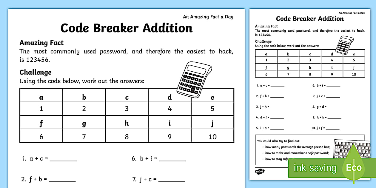 Code Breaker Addition Worksheet / Worksheet (Teacher-Made)
