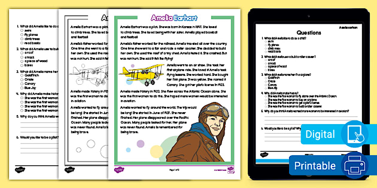 1st Grade Amelia Earhart Reading Comprehension | Twinkl USA