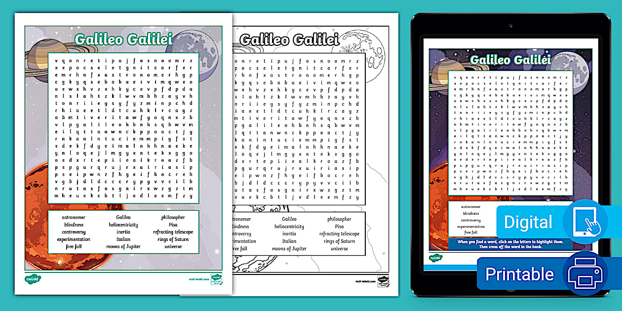 Galileo Galilei Word Search for 6th-8th Grade - Twinkl