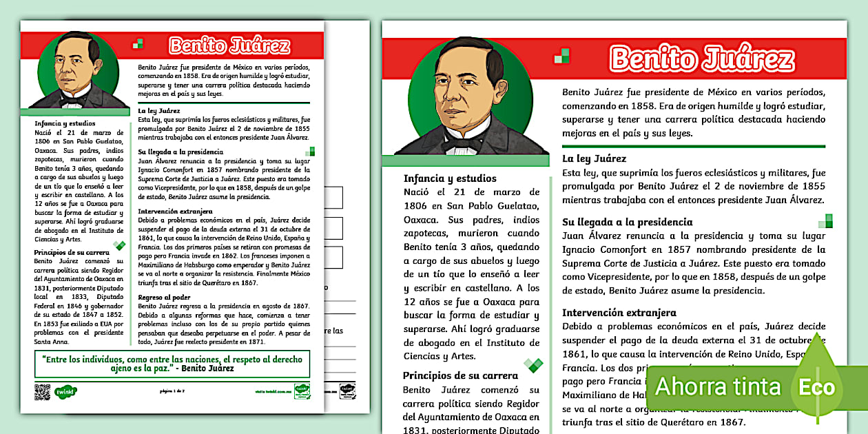 Biografia de Benito Juárez para niños de primaria para imprimir
