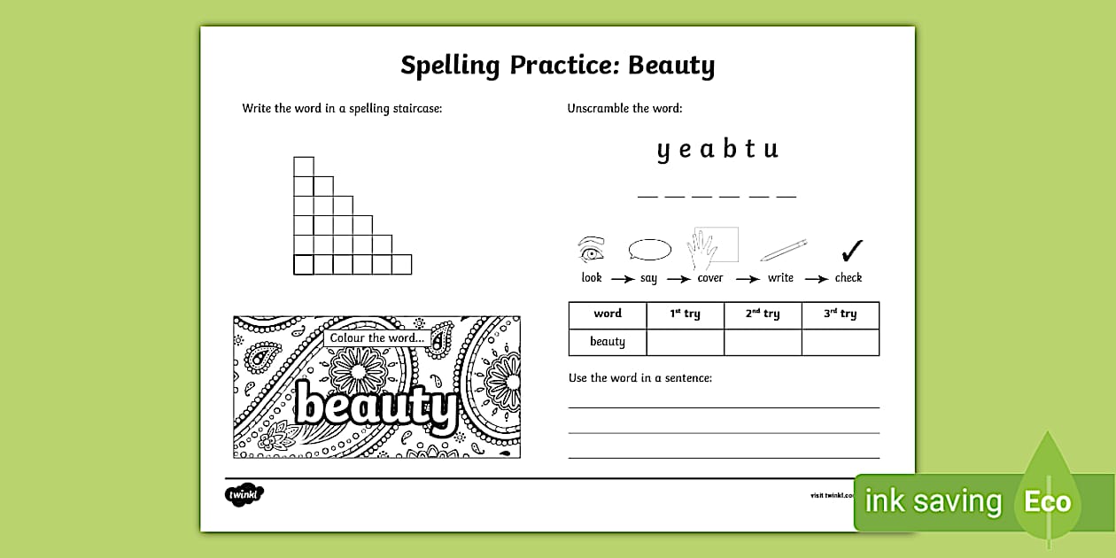 Beauty Spelling Practice Worksheet (Teacher-Made) - Twinkl