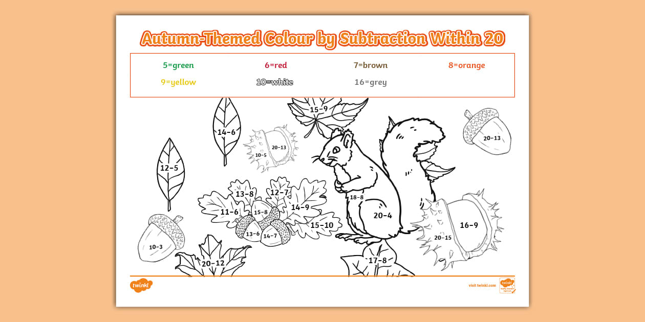 👉 Autumn-Themed Colour by Subtraction Within 20 - Twinkl - KS1