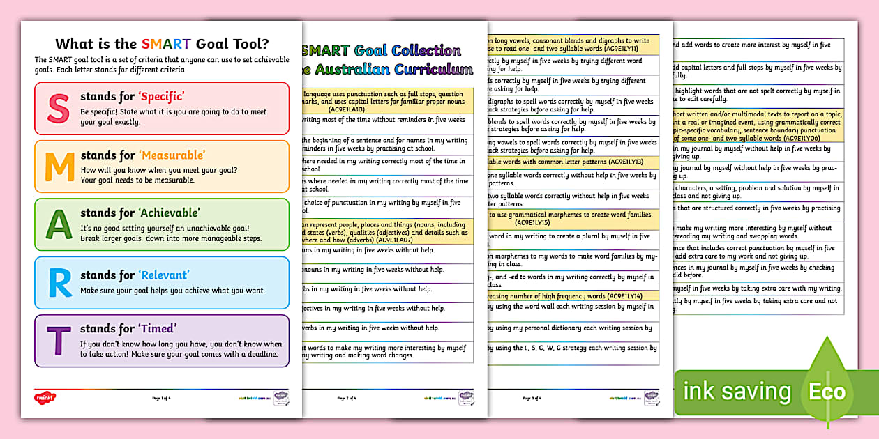 Year One SMART Goals Writing Teacher Guidance and Collection
