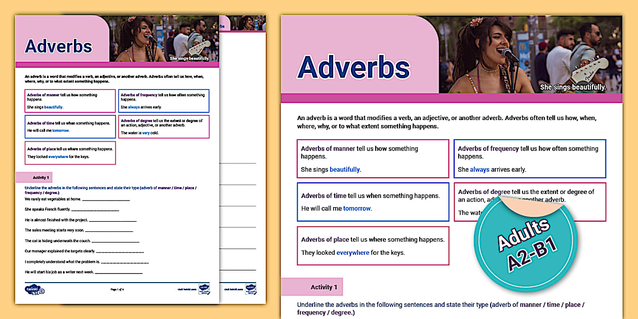 ESL Adverbs Worksheet [Adults, A2-B1] (teacher made)