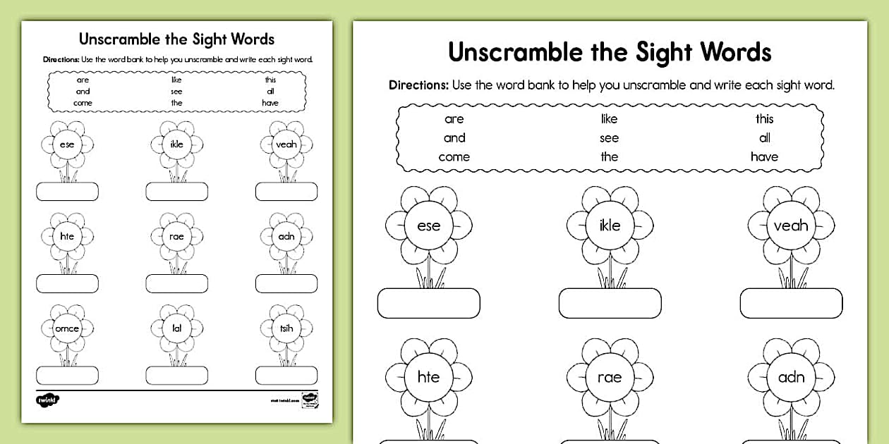Kindergarten Unscramble the Sight Words Worksheet - Twinkl
