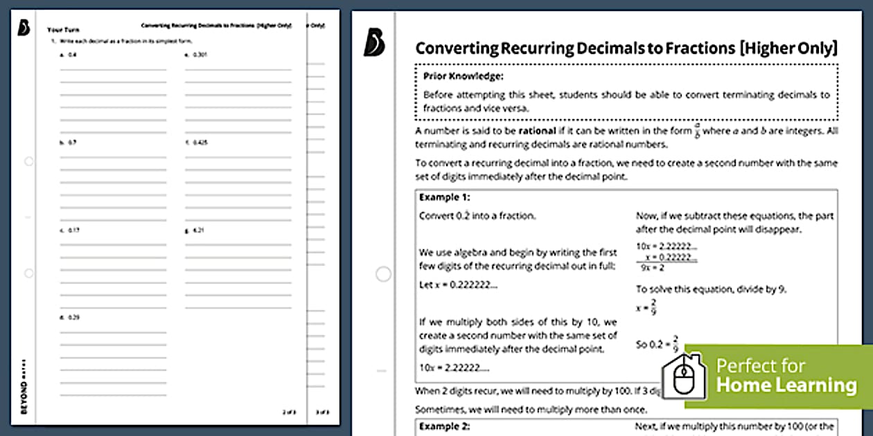 👉 Converting Recurring Decimals to Fractions Worksheet