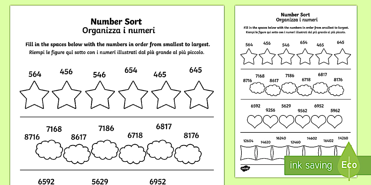Editable Place Value Number Sorting Worksheet English/Italian