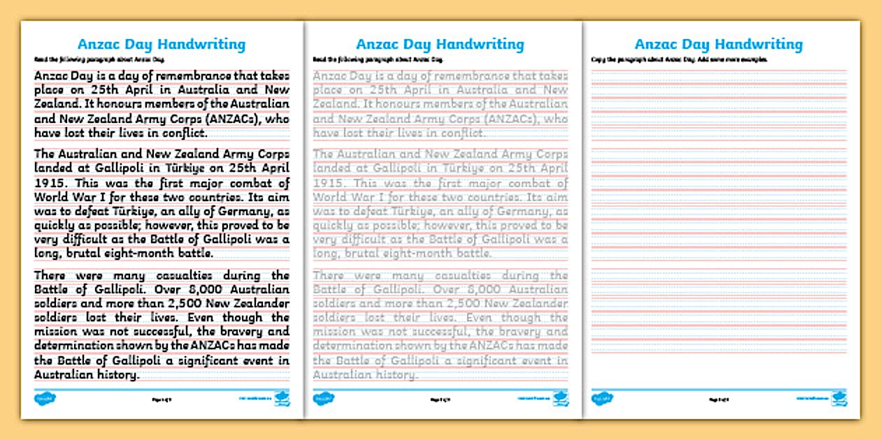 Anzac Day Printable Handwriting Practice Sheets - Literacy