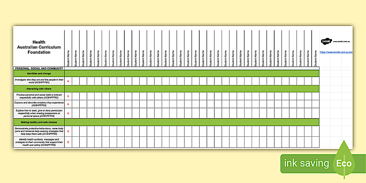 Health Assessment Tracker Year Band Foundation - Twinkl