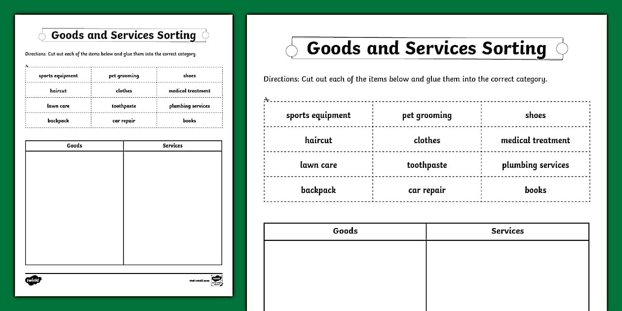 Basic Economics Goods and Services Sorting Worksheet 3rd-5th