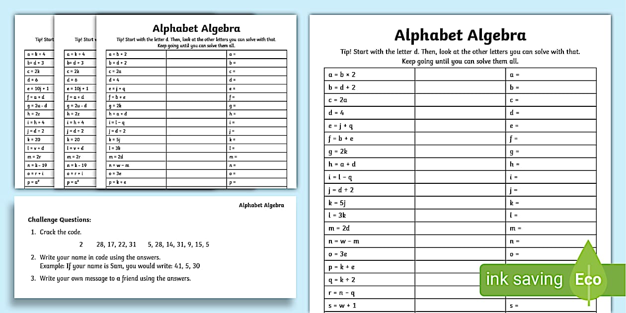 Alphabet Algebra Worksheets with answers | Maths Resources