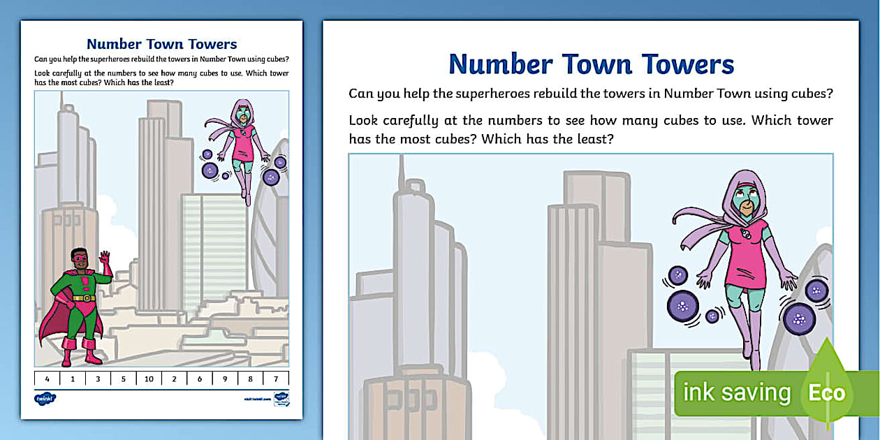 Interlocking Cubes Number Town Towers Worksheets - Twinkl