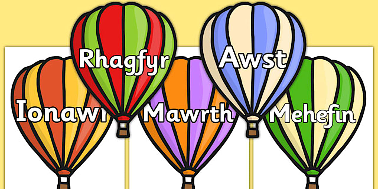 Months of the Year on Hot Air Balloons (stripes) Cymraeg