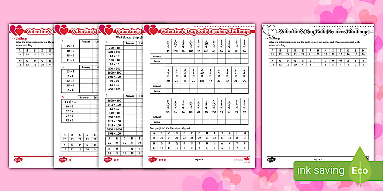 Valentine's Day Code Breaker Differentiated Math Worksheets