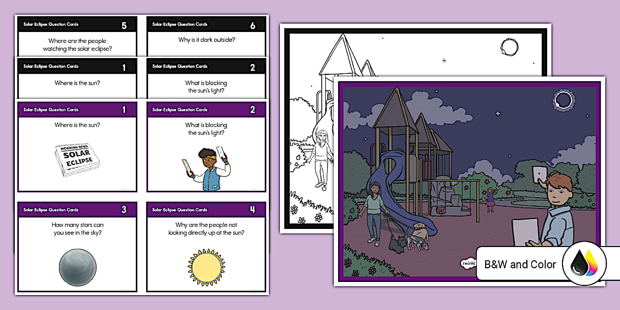 Solar Eclipse Scene and Question Cards for K-2nd Grade