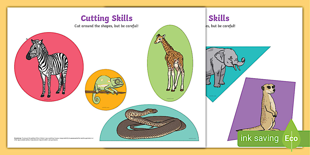 Black and White Safari Themed Cutting Skills Worksheets