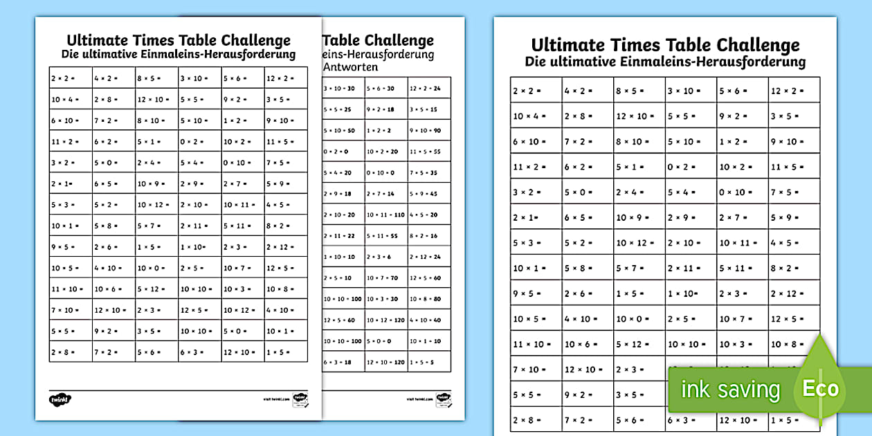KS1 Ultimate Times Tables Challenge Worksheet / Worksheet English/German