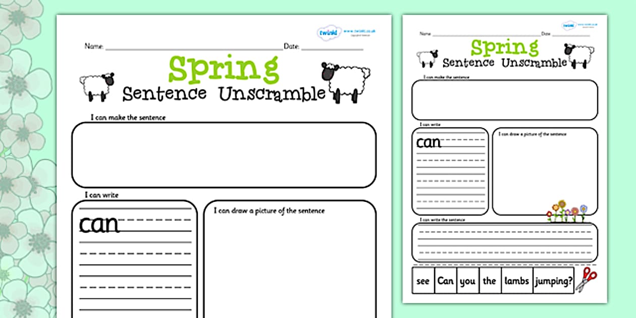 Springtime Sentence Unscramble Worksheets