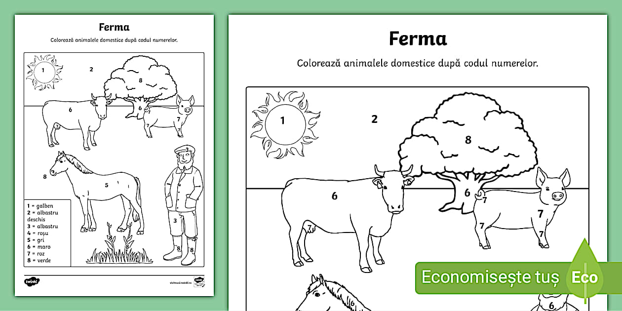 Ferma – Colorează după codul numerelor - Twinkl