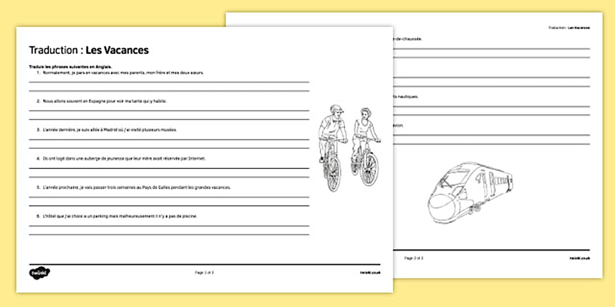 Traduction : Les vacances (l'enseignant a fait) - Twinkl
