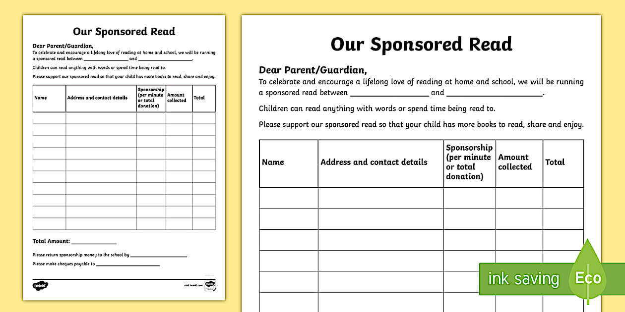 Sponsored Read Template Editable Proforma - Twinkl