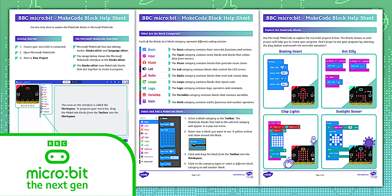 FREE! - BBC micro:bit MakeCode Block Help Sheet - Computing - Twinkl