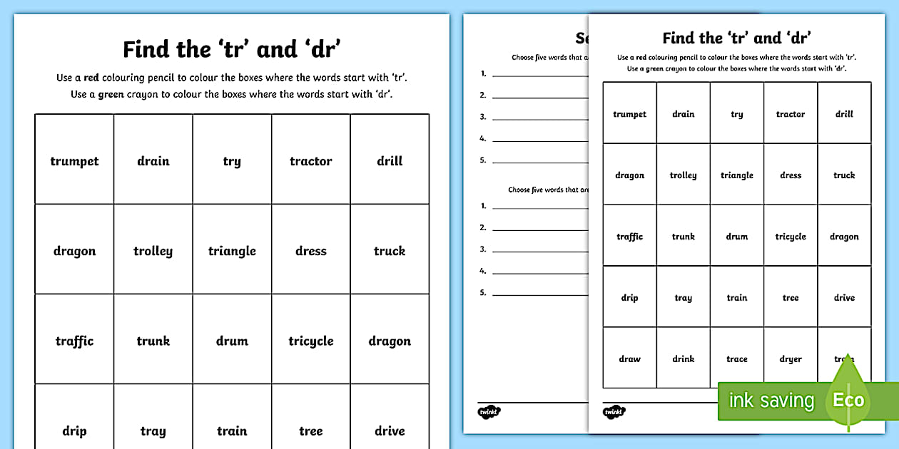 Find the 'tr' and 'dr' Worksheet (teacher made) - Twinkl