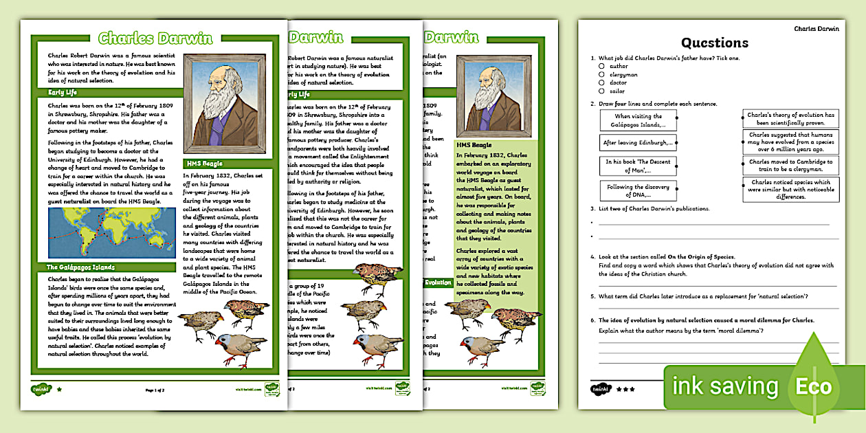 UKS2 Charles Darwin Reading Comprehension - Twinkl