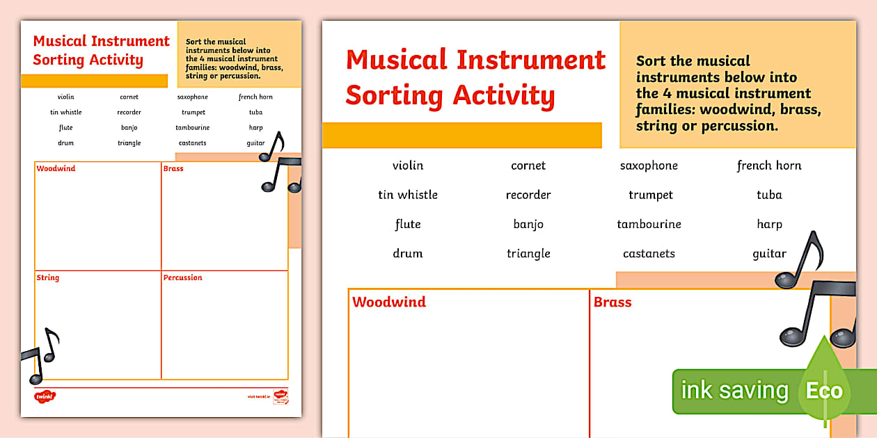 Music Instrument Families Sorting Worksheet (teacher made)