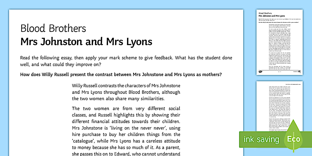 Blood Brothers Mrs Johnstone and Mrs Lyons Essay Writing Sample