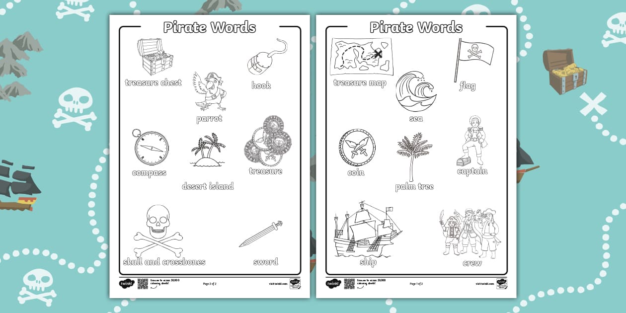 Pirate Words Colouring Sheets - Twinkl Primary - Twinkl