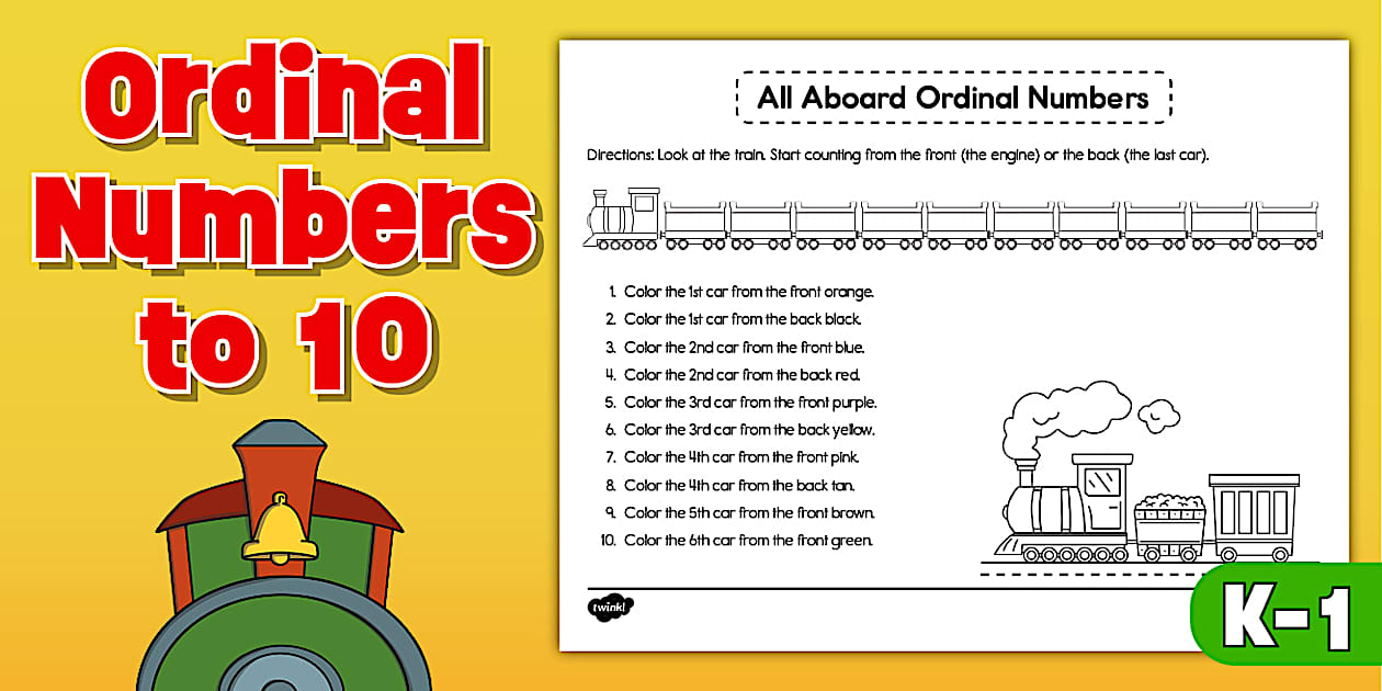 Ordinal Numbers To 10 Train Worksheet for K-1st Grade